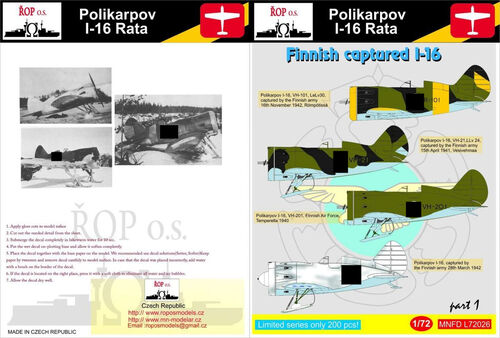 Ropos Models MNFDL72026 Polikarpov I-16 Rata - Finnish captured I-16