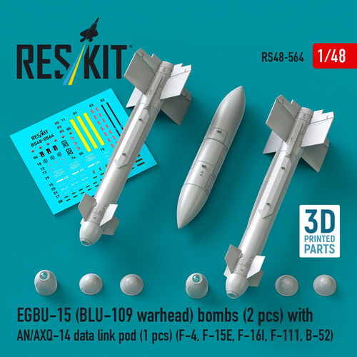 RES/KIT 48-0564 EGBU-15 (BLU-109 Warhead) Bombs (2pcs) With AN/AXQ-14 Data Link Pod (1pc) (F-4, F-15E, F-16I, F-111, B-52) (3D Printed)
