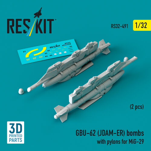 RES/KIT 32-0491 GBU-62 (JDAM-ER) Bombs With Pylons For MiG-29 (2pcs) (3D Printed)