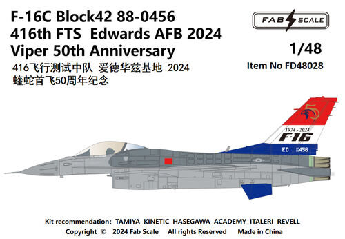 Fab Scale FD48028 Lockheed Martin F-16 C Block 42 - 88-0456 416th FTS Edwards AFB Viper 50th Anniversary (2024)