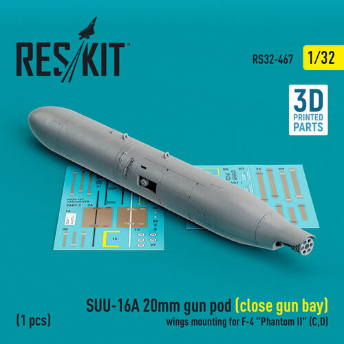 DISCONTINUED RES/KIT 32-0467 SUU-16A 20mm Gun Pod (Close Gun Bay) Wings Mounting For F-4 'Phantom II' (C, D) (1pc) (3D Printed)