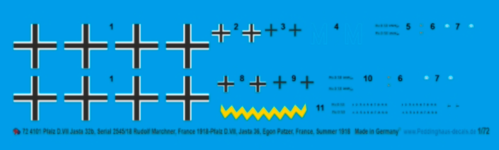 Peddinghaus-Decals 4101 Pfalz D.VII Jasta 32b, Serial 2545/18 Rudlof Marchner, France 1918- Pflaz D.VII, Jasta 36, Egon Patzer, France, summer 1918
