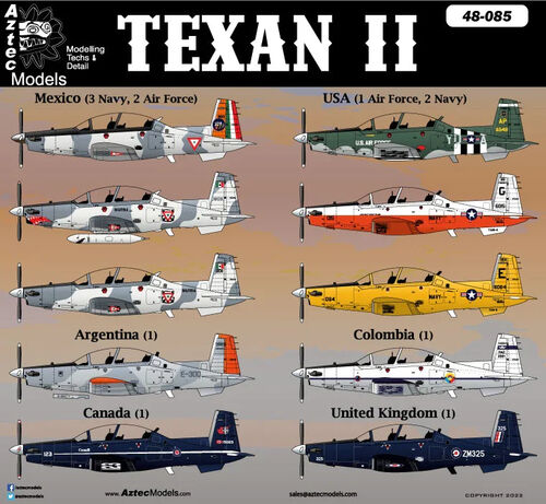 Aztec 48D085 Beechcraft Texan II Mexican AF and Navy, Argentina, Canada, Colombia, UK & USA Decals