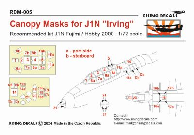 Rising Decals RDM005 Nakajima J1N1-S Gekko - canopy frame paint mask outside only (for Fujimi and Hobby 2000 kits)