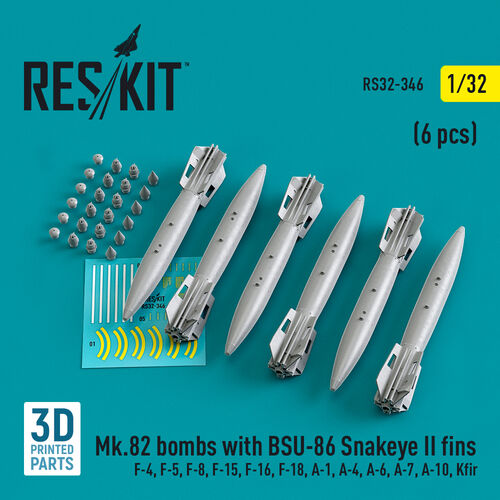 DISCONTINUED RES/KIT 32-0346 Mk.82 Bombs With BSU-86 Snakeye II Fins (6 pcs) (F-4, F-5, F-8, F-15, F-16, F-18, A-1, A-4, A-6, A-7, A-10, Kfir)