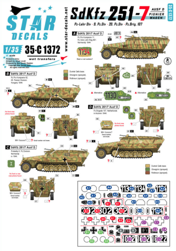 Star-Decals 35-C1372 SdKfz 251/7 Ausf D. Pionierwagen. Pz.Lehr, 9.Pz-Division, 20.Pz-Division and Pz.Brigade 107.