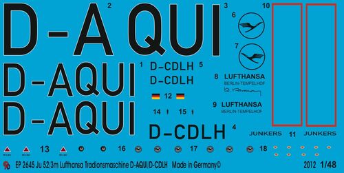 Peddinghaus-Decals 2645 Ju 52/3m Lufthansa Tradionsplane D-AQUI/D-CDLH