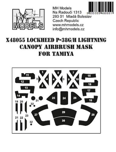 MH Models X48055 Lockheed P-38G/H Lightning canopy airbrush mask