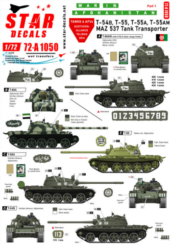 Star-Decals 72-A1050 War in Afghanistan # 1. T-55 and MAZ 357, Northern Alliance and the Talibans.