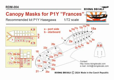 Rising Decals RDM004 Kugisho P1Y 'Frances' - Canopy Frame Paint Mask - outside only (for Hasegawa kits)