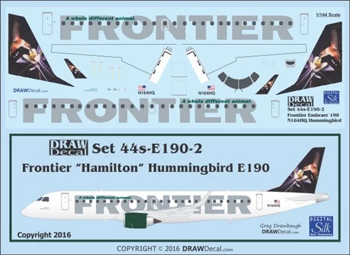 Draw Decal 44-E190-02 Embraer 190 - Frontier "Hamilton" Hummingbird (N164HQ)