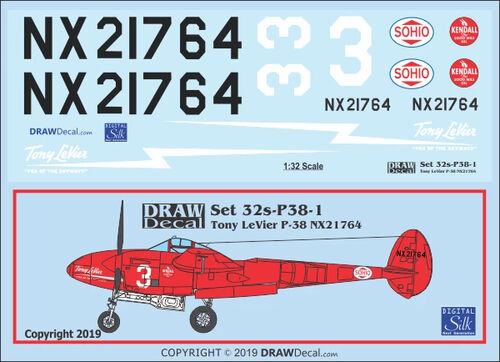 Draw Decal 32-P38-01 Lockhed P-38 L - Tony LeVier (NX21764)
