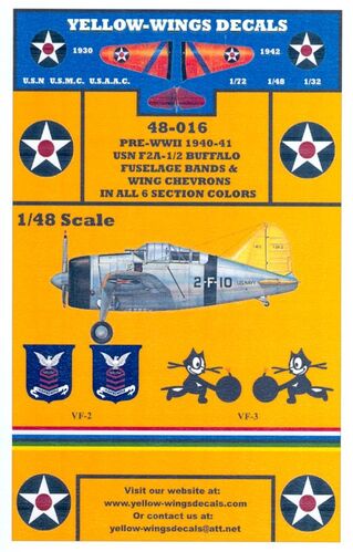 Yellow Wings 48016 Brewster F2A-1/2 Buffalo Wing Chevrons and Fuselage Bands in 6 section colours and VF-2 and VF-3 Squadron Badges