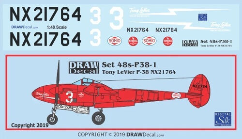 Draw Decal 48-P38-01 Lockheed P-38 L - Tony LeVier (NX21764)