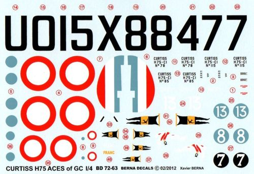 Berna Decals 72063 Curtiss-Hawk H-75 (P-36) Hawk Aces of GC I/4 Decals