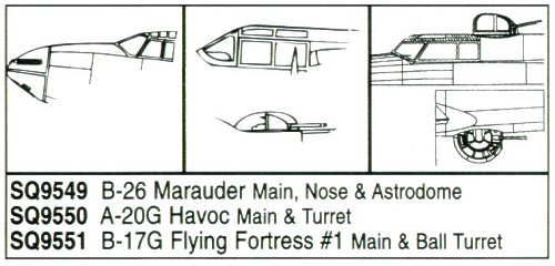 Squadron 9549 Martin B-26B canopy, nose cone and blister (designed to be used with Monogram and Revell kits)