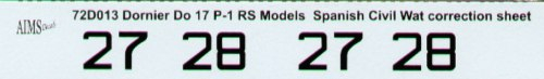 Aims 72D013 Dornier Do-17 P-1 - correction sheets with correct style code letters - Spanish Civil War (for RS Models)