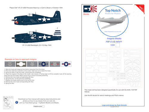 TopNotch 24-I006 Grumman F6F-5 Hellcat - US Navy national insignia paint mask (for Airfix kits)