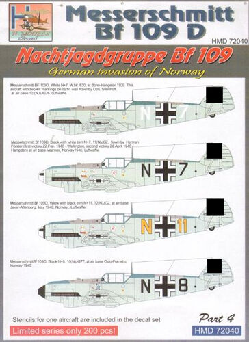 H-Model Decals D72040 Messerschmitt Bf-109 D - Nachtjagdgruppe Bf-109 Invasion of Norway (Part 4)