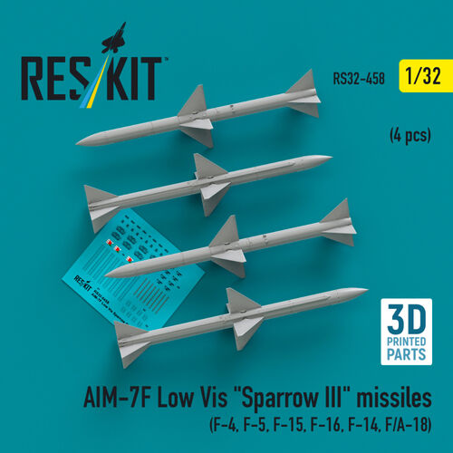 RES/KIT 32-0458 AIM-7F Low Vis 'Sparrow III' Missiles (4 pcs) (F-4, F-5, F-15, F-16, F-14, F/A-18) (3D Printed)
