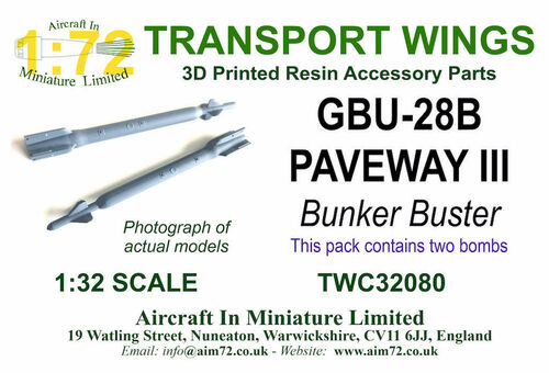 Aircraft In Miniature Ltd TWC32080 GBU-28 B Paveway III Bunker Buster 3D-Printed (2 pcs / for F-15 E Revell or Tamiya Kits)