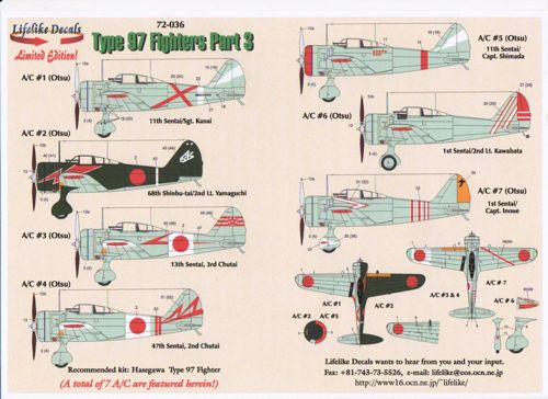 Lifelike Decals 72036 Nakajima Ki-27 Nate (Type 97 Fighter) Part 3 (7 schemes)