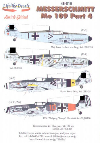 Lifelike Decals 48018 Messerschmitt Bf-109 E/G - Part 4 (4 schemes)