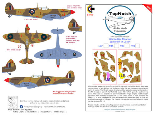 TopNotch 72-M124 Supermarine Spitfire Mk.IX - Desert camouflage pattern paint masks (for Airfix and Revell kits)