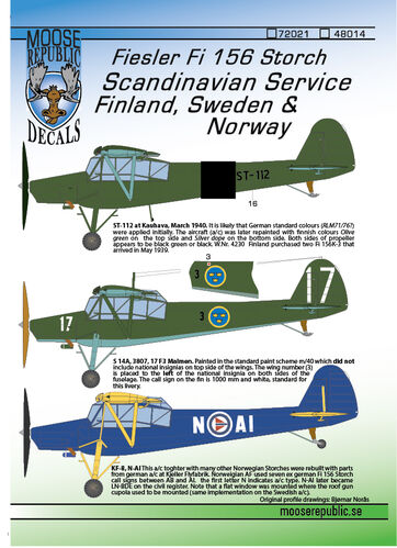 Moose Republic Decals 72021 Fieseler Fi-156 Storch Scandinavian Service