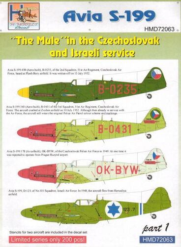 H-Model Decals D72063 Avia S-199 'The Mule' - in the Czechoslovak and Israeli Service (Part 1)