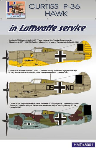 H-Model Decals D48001 Curtiss P-36 Hawk in Luftwaffe service (3 schemes)