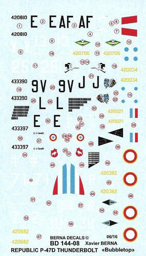 Berna Decals 14408 Republic P-47D Thunderbolt Bubbletop French 1944-45 (8+1 schemes)