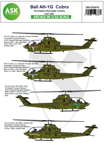 Art Scale Kit D32010 Bell AH-1G Cobra 1th Aviation Helicopter Cavalry D/227 AHB