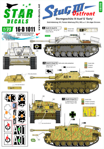 Star-Decals 16-D1011 StuG III on Ostfront. StuG-Abteilung 191, Panzer Abt (FKL) 302 and 1. Ski-Jäger Division.