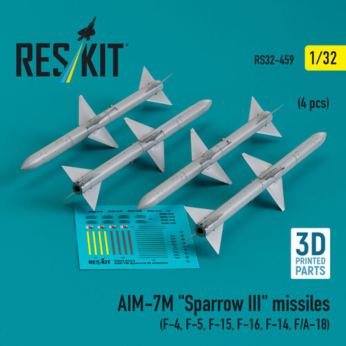 RES/KIT 32-0459 AIM-7M 'Sparrow III' Missiles (4 pcs) (F-4, F-5, F-15, F-16, F-14, F/A-18) (3D Printed)