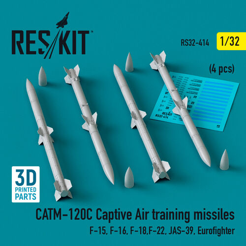 RES/KIT 32-0414 CATM-120C Captive Air Training Missiles (4pcs) (F-15, F-16, F-18, F-22, JAS-39, Eurofighter) (3D Printed)