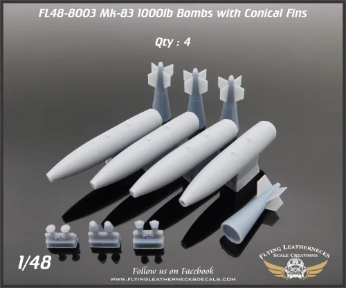 Flying Leathernecks 48-8003 Mk-83 1000lb bomb with Conical fins - 3D-Printed (4 pcs)