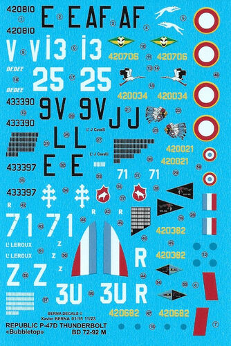 Berna Decals 72092M Republic P-47 D Thunderbolt Bubbletop - French 1944-45  (8+1 schemes)