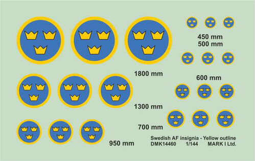 Mark I Decals DMK14460 Swedish Air Force Insignia – Yellow Outline (2 sheets)