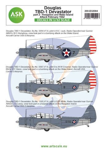 Art Scale Kit D32084 Douglas TBD-1 Devastator Decals Part 2 - Kwajalein and Wake Island Attack, February 1942