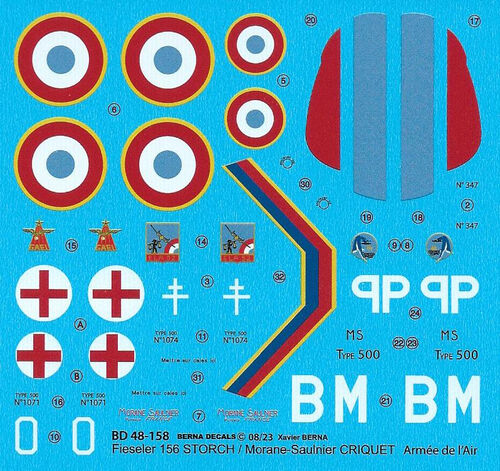 Berna Decals 48158 Fieseler Storch Fi-156C / Morane-Saulnier MS.500 Criquet Armee de l'air Decals