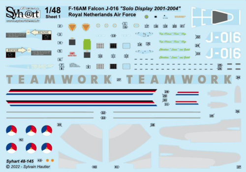 Syhart Decal 48-145 F-16AM Falcon J-016 "Solo Display 2001-2004" Royal Netherlands A.F