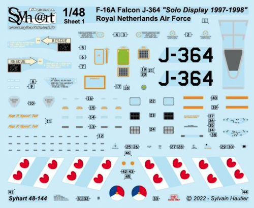Syhart Decal 48-144 F-16A Falcon J-364 "Solo Display 1997-1998" Royal Netherlands A.F