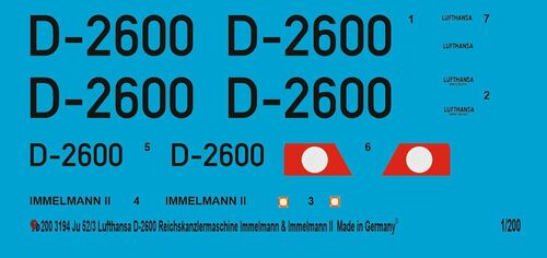 Peddinghaus-Decals 3194 Ju 52/3m Lufthansa D-2600 Führer Machine Immelmann And Immelmann II