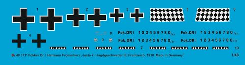 Peddinghaus-Decals 3711 Fokker Dr. I Hermann Frommherz Jasta 2/Jagdgeschwader III 1918