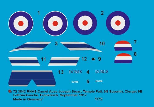 Peddinghaus-Decals 3842 Sopwith Camel RNAS Joseph Stuart Temple Fall, 9N, B3898 (Sopwith, Clerget 9B), Leffrinckoucke-France, September 1917
