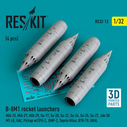 RES/KIT 32-0013 B-8M1 Rocket Launchers (4pcs) (MiG-23/27/29, Su-17/20/22/24/25/27, Jak-38, MT-LB, UAZ, Pickup With ZPU-2, BMP-2, Toyota Hilux, BTR-70, URAL) (3D Printed)