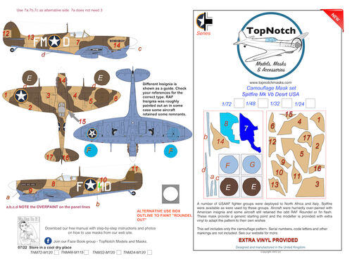 TopNotch 48-M120 Supermarine Spitfire Mk.Vb - Desert USA camouflage pattern paint masks (for Airfix, Eduard, ICM and Tamiya kits)