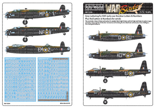 Kits World 172204 Grey Lettering for RAF early-war Bomber Letters and Numbers Plus Red Letters and Numbers for serials (2 sheets)