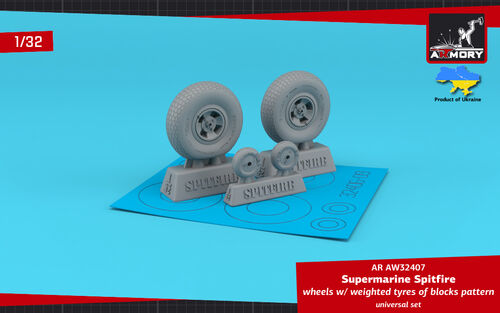 Armory Models Group AW32407 Supermarine Spitfire wheels w/ weighted tyres of block pattern & 4-spoke hubs